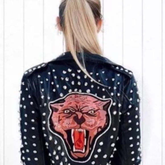 Zara | Jackets & Coats | Nwt Zara Leather Studded Patch Tiger Moto ...